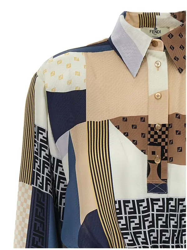 Fendi Patchwork Jacquard Silk Crêpe Midi Shirt Dress - Multicolor