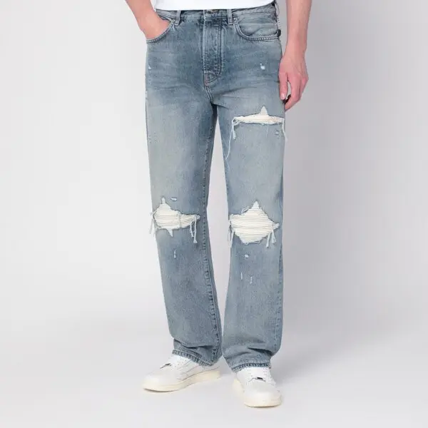 Amiri Cotton Denim Jeans With Ripped Details - Light Blue