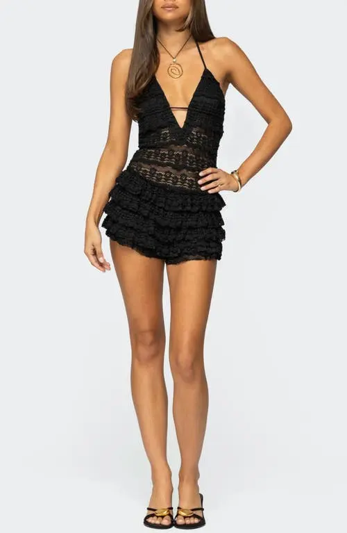 EDIKTED Lanney Ruffle Sheer Lace Halter Romper - Black