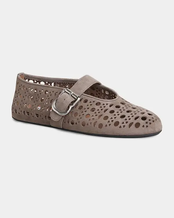 Alaïa Vienne Perforated Suede Ballerina Flats - Vert Liche