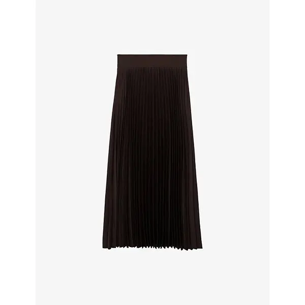 REISS Pleated Woven Midi Skirt - Chocolate Brown