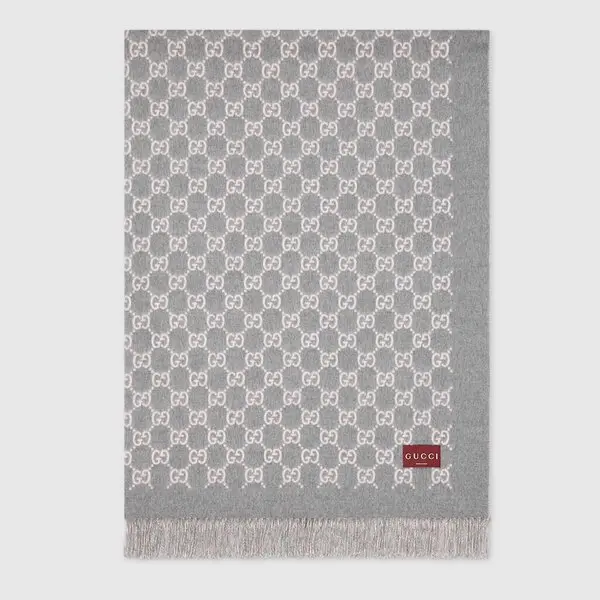 Gucci Reversible Gg Wool And Cashmere Blanket - Grey