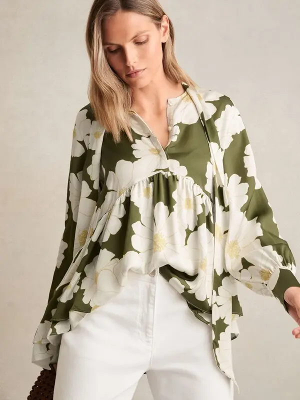 REISS Delilah Floral Tie-neck Blouse - Ivory/green