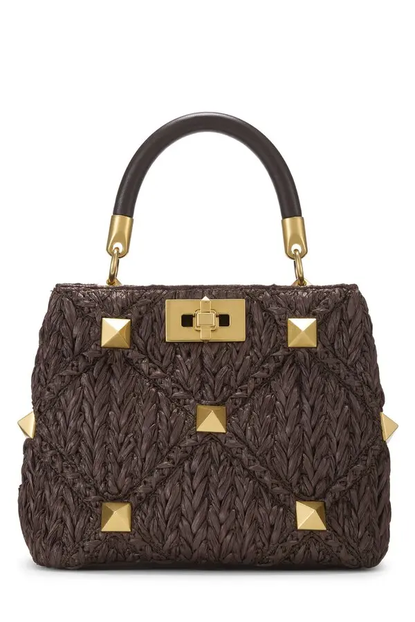 Valentino Garavani Raffia Roman Stud Top Handle Bag