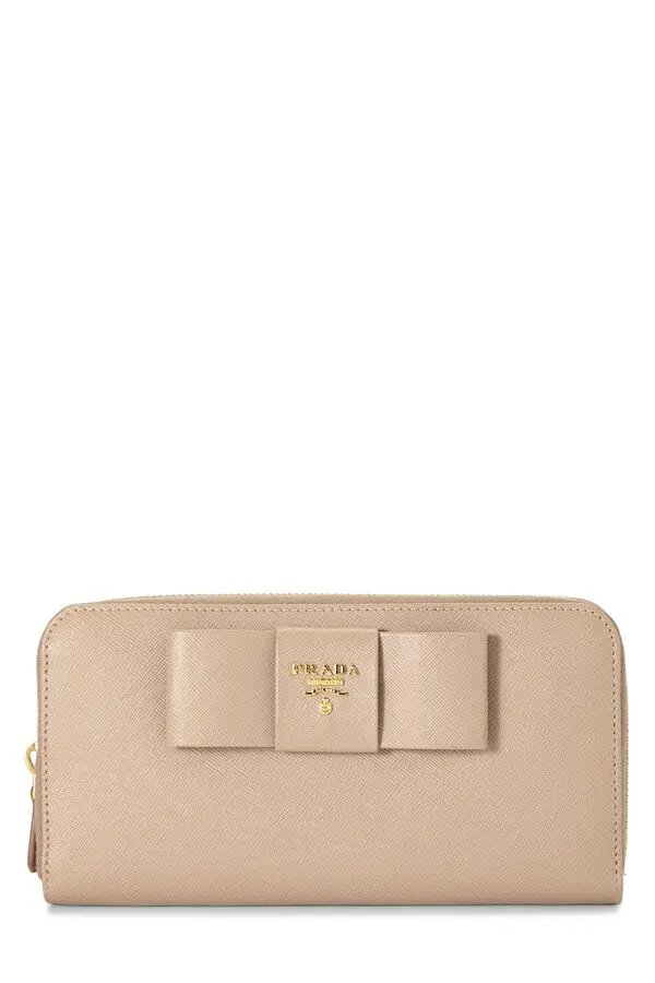 Prada Saffiano Bow Zip Around Wallet - Beige