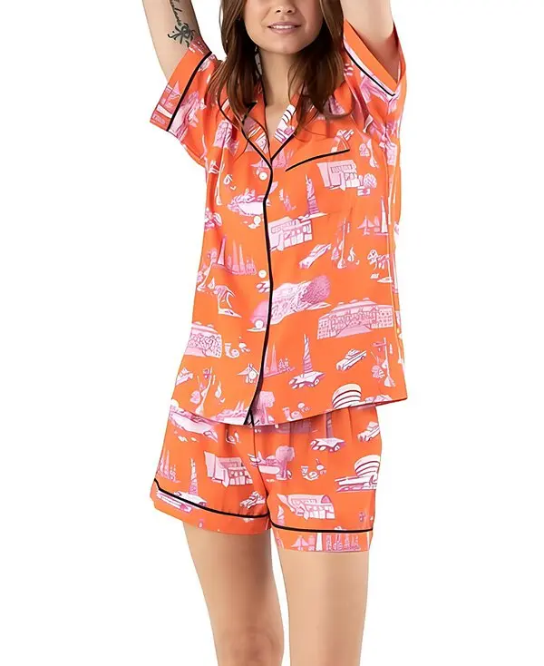 KATIE KIME New York Toile Pajama Shorts Set - Orange Pink