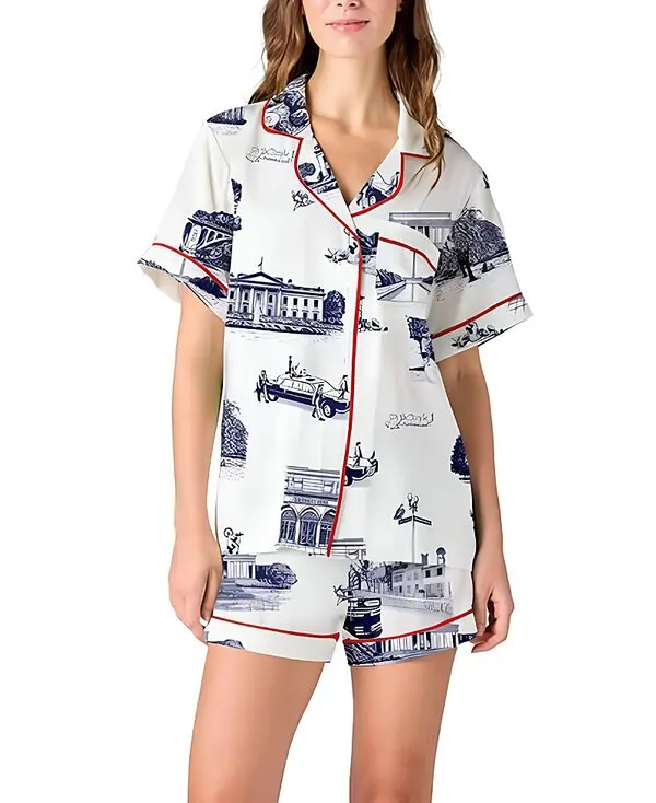 KATIE KIME Washington Dc Toile Pajama Shorts Set - Light Blue Navy