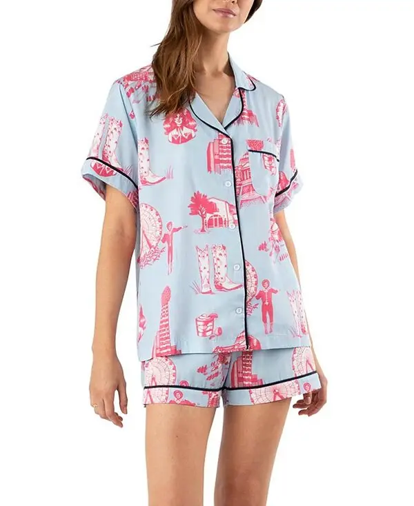 KATIE KIME Dallas Toile Pajama Shorts Set - Blue Pink