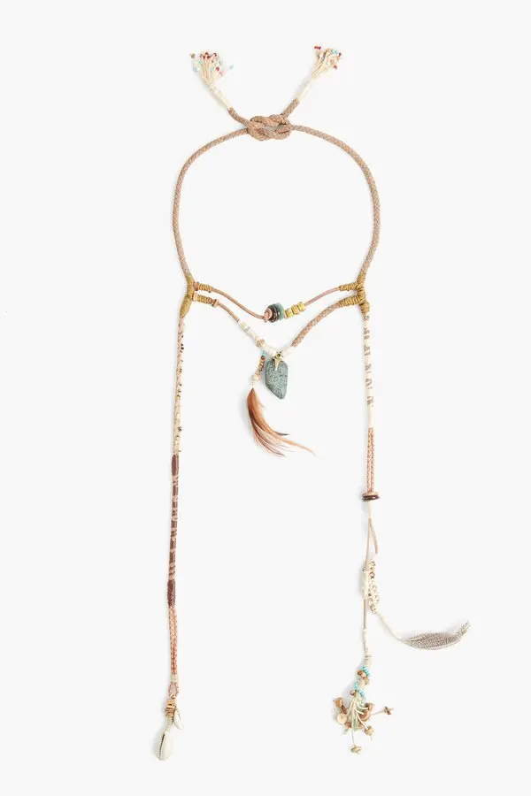 Etro Suede Necklace With Feather, Shell, And Multi Stone Detail - Neutral