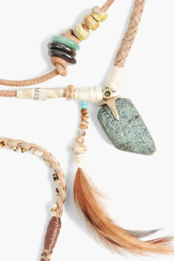 Etro Suede Necklace With Feather, Shell, And Multi Stone Detail - Neutral