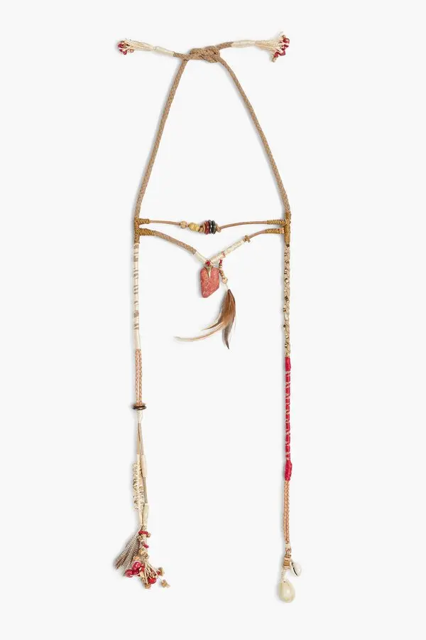 Etro Suede Necklace With Feather, Shell, And Multi Stone Detail - Red
