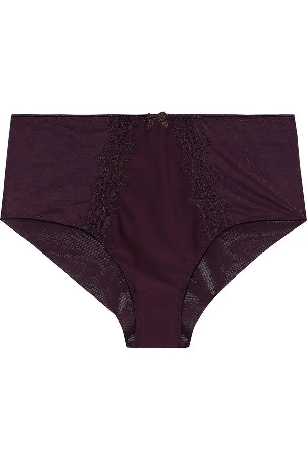 MIMI HOLLIDAY BY DAMARIS Lacetrimmed Stretchjersey And Tulle Highrise Briefs - Grape