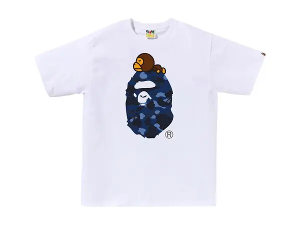 A BATHING APE Camo Milo On Big Ape Tee Shirt - White/navy Blue