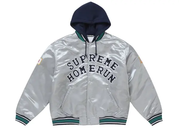 Supreme Homerun Satin Hooded Varsity Jacket - Silver