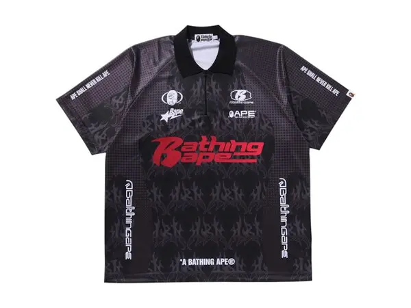 A BATHING APE Flame Pattern Half Zip Polo Shirt