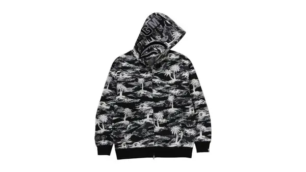 A BATHING APE Palm Tree Camo Relaxed Fit Shark Full Zip Hoodie - Black