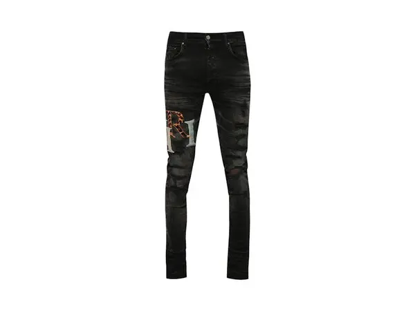 Amiri Leather Staggered Logo Jeans - Faded Black