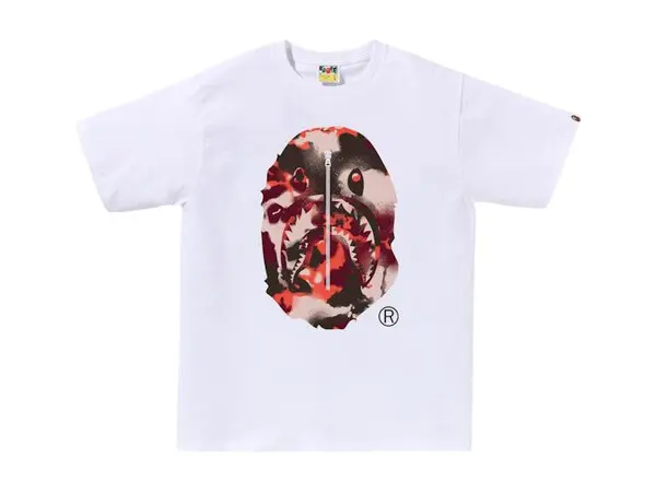 A BATHING APE Map Camo Ape Head Shark Tee Shirt - White/red