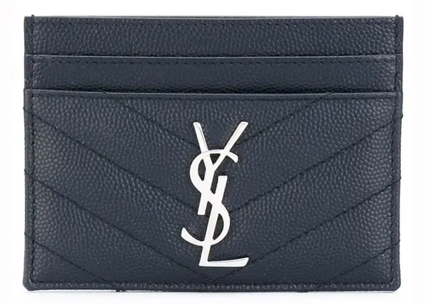 Saint Laurent Card Case Matelasse Grain De Poudre Silvertone - Navy Blue
