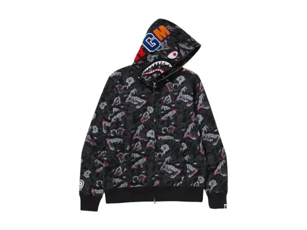 A BATHING APE Japanese Tattoo Camo Shark Full Zip Hoodie - Black