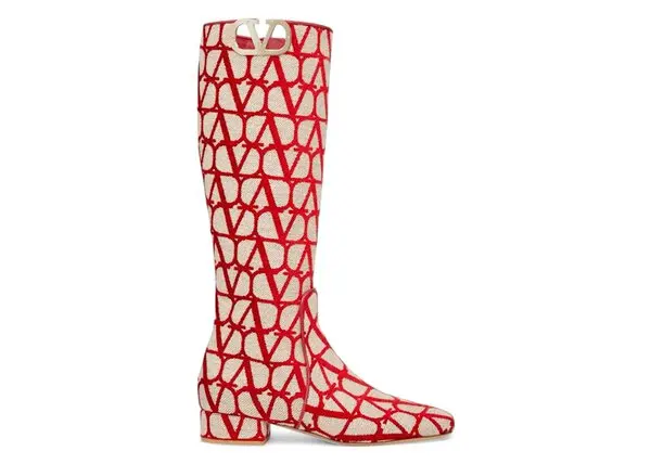 Valentino Garavani Toile Iconographe Calfskin V'logo High Knee High Boots - Beige/red