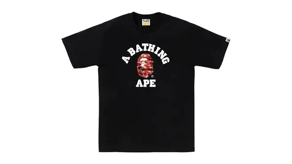 A BATHING APE Palm Tree Camo College Tee Shirt - Black Red