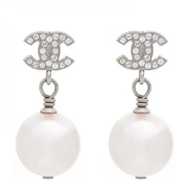 Chanel Cc Drop Earrings Crystal Pearl Silver - Multicolor