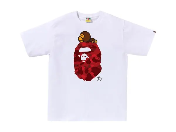 A BATHING APE Camo Milo On Big Ape Tee Shirt - White/red