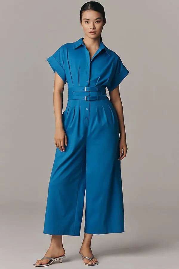 EXQUISE Tobie Pleated Jumpsuit Double-buckle Edition - Blue