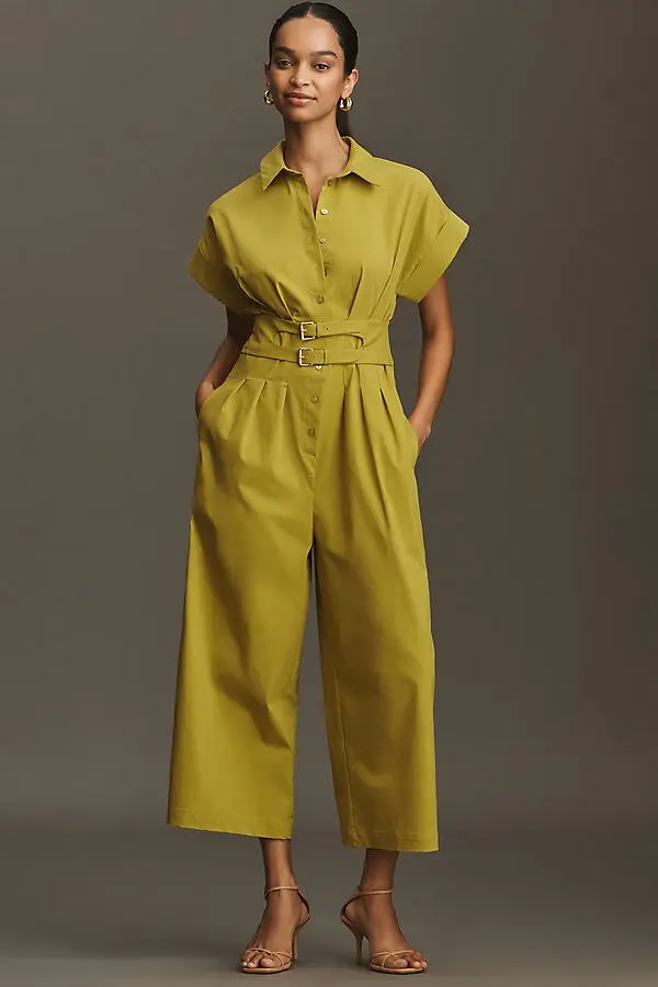 EXQUISE Tobie Pleated Jumpsuit Double-buckle Edition - Leaf Green