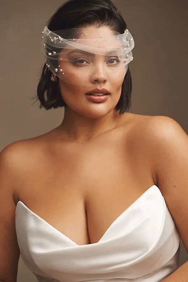 TWIGS & HONEY Pearl Adorned Birdcage Veil - White