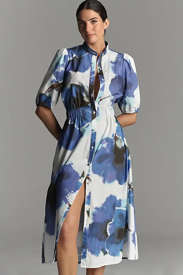 HUTCH Annett Puff-sleeve Midi Shirt Dress - Blue & Ivory Blot Floral