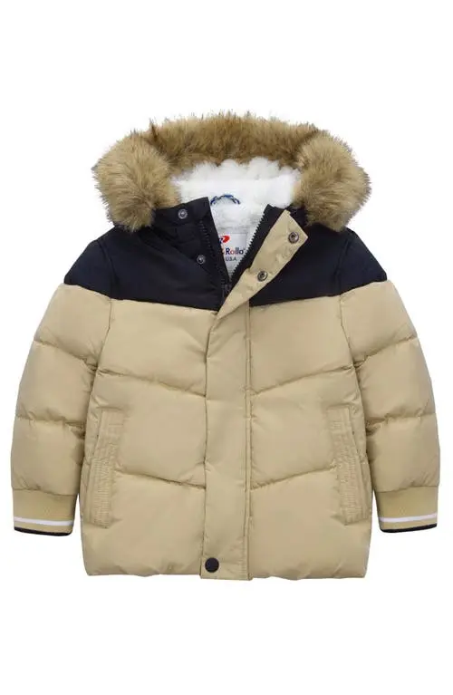 ROKKA&ROLLA Fleece Lined Puffer Coat With Removable Trim - Khaki