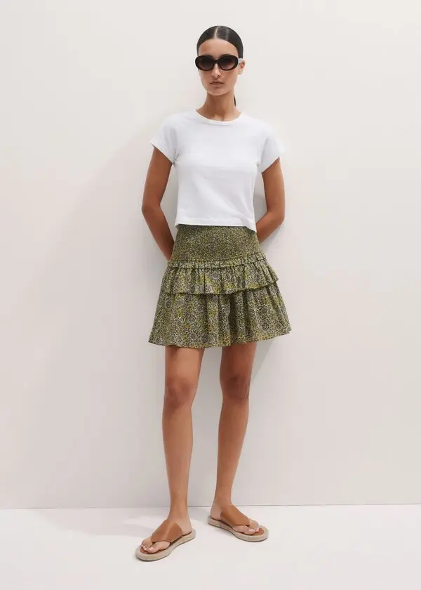 ME+EM Cotton Trailing Lotus Print Shirred Mini Skirt