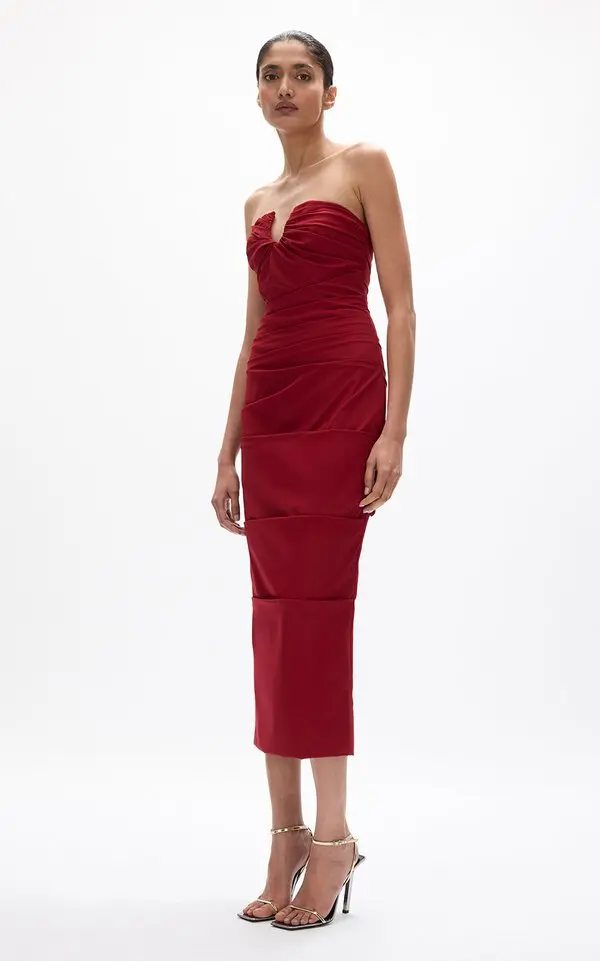 Rachel Gilbert Freda Strapless Midi Dress - Burgundy | Editorialist
