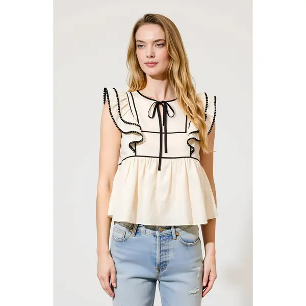 MODENAIRE Ruffle Sleeve Peplum Top With Contrast Trim