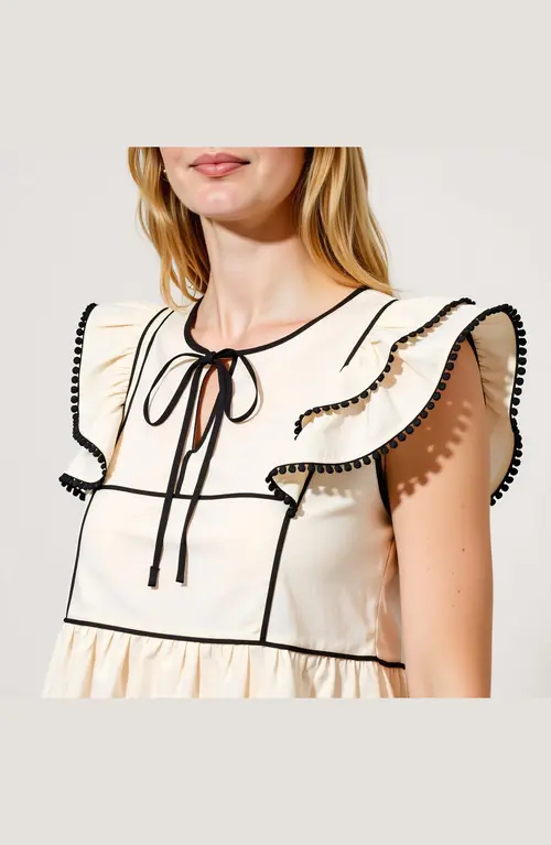 MODENAIRE Ruffle Sleeve Peplum Top With Contrast Trim