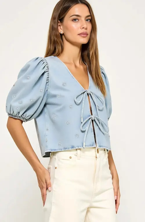 MODENAIRE Embroidered Puff Sleeve Top With Front Tie