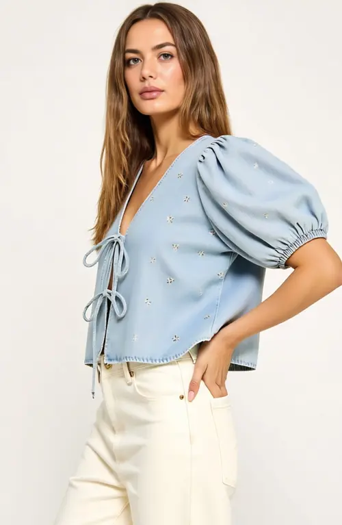 MODENAIRE Embroidered Puff Sleeve Top With Front Tie