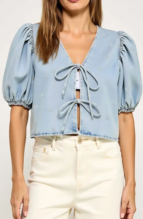 MODENAIRE Embroidered Puff Sleeve Top With Front Tie