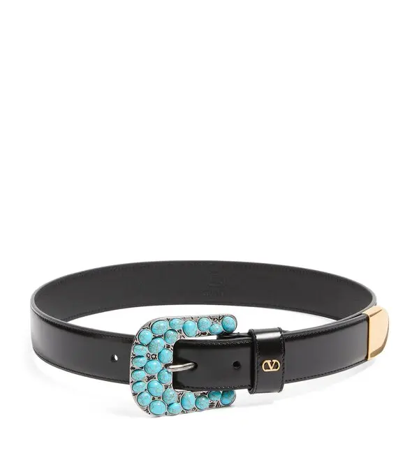 Valentino Garavani Leather Vlogo Signature Gemstone Belt - Black