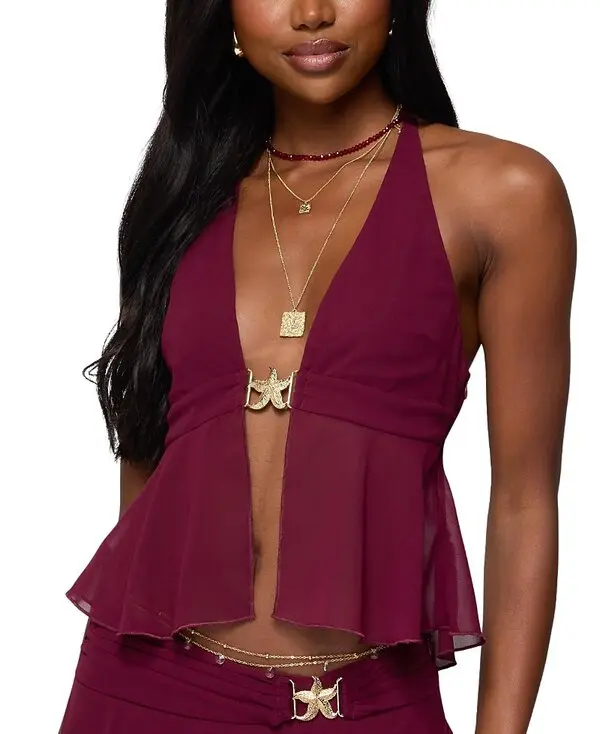 EDIKTED Sea Star Chiffon Split Front Top - Burgundy