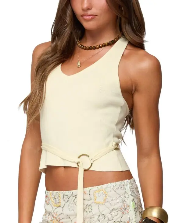 EDIKTED Kez Belted Knit Halter Top - Cream