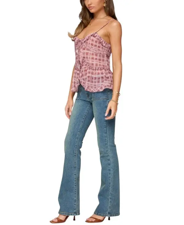 EDIKTED Chiffon Printed Tie Front Ruffle Top