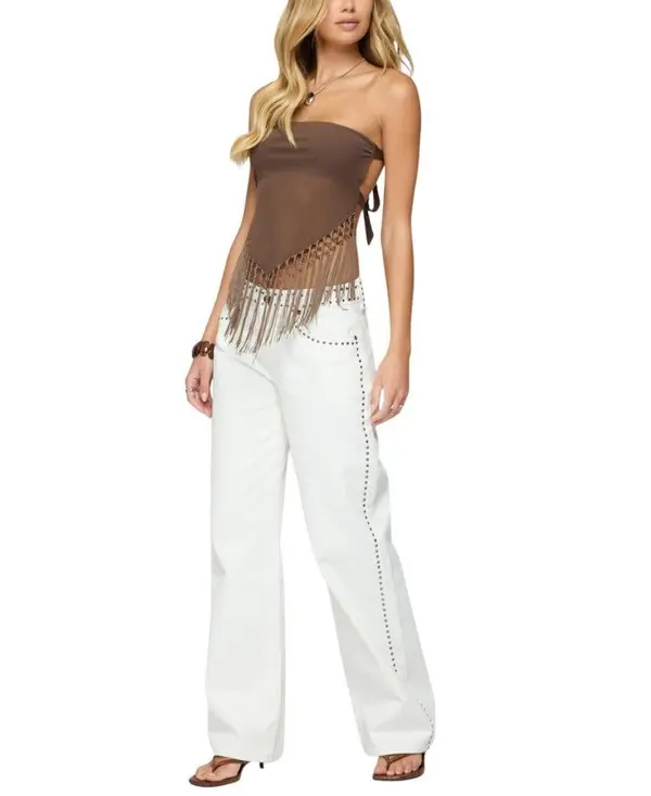 EDIKTED Backless Sheer Mesh Strapless Top - Brown