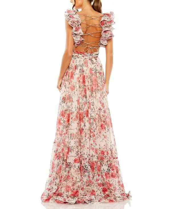 Mac Duggal Floral Cut-out Chiffon Gown With Ruffle Tiered Detail - Rose Multi