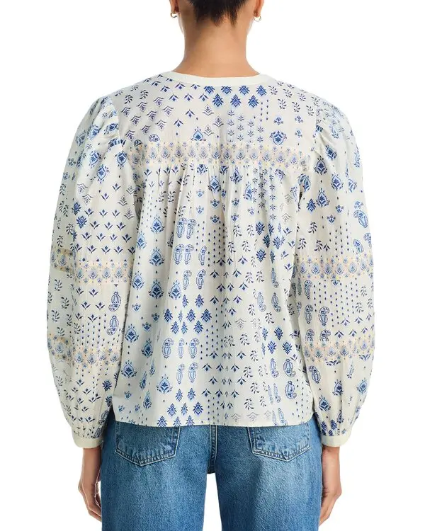 Aqua Floral Popover Top - Ivory/blue