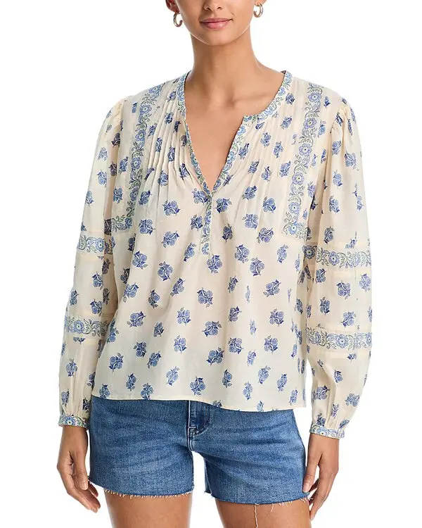 Aqua Floral Popover Top Exclusive - Navy