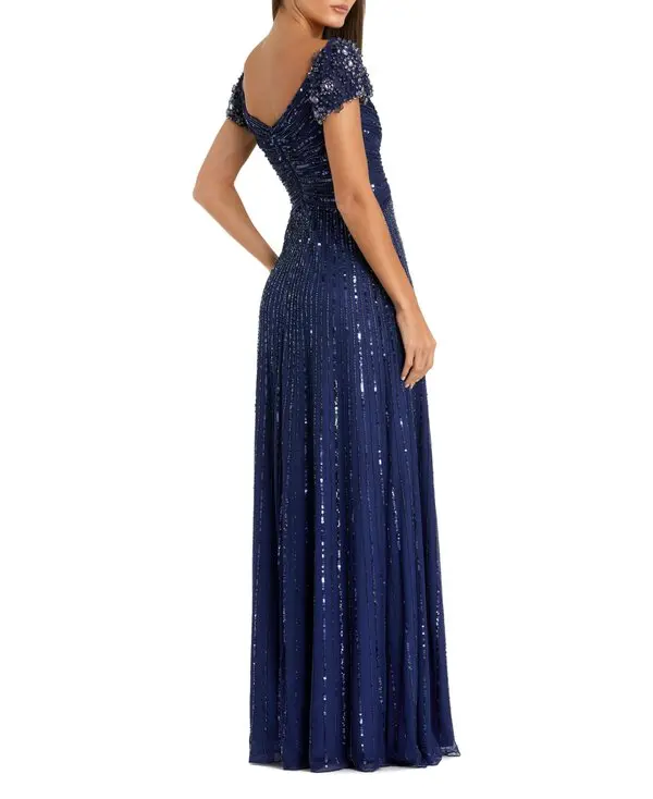 Mac Duggal Striped Sequin Gown With Embellished Shoulders - Sapphire