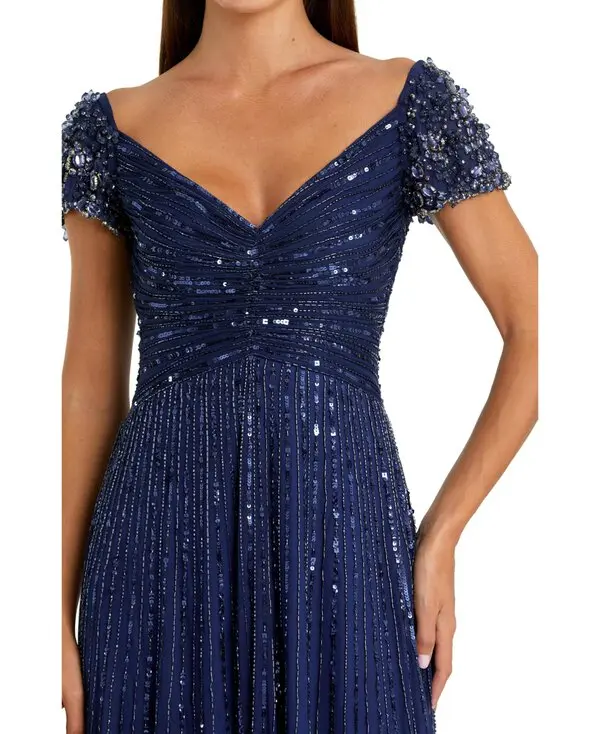 Mac Duggal Striped Sequin Gown With Embellished Shoulders - Sapphire